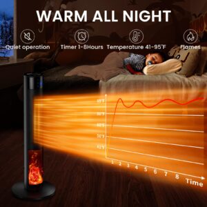 Portable 1500W Space Heater with Fireplace,70° Oscillating PTC Ceramic Tower Heater, 33.5in Adjustable Thermostat Tower Heater,Overheating and Tip-Over Protection Fast Heating,Remote for Indoor