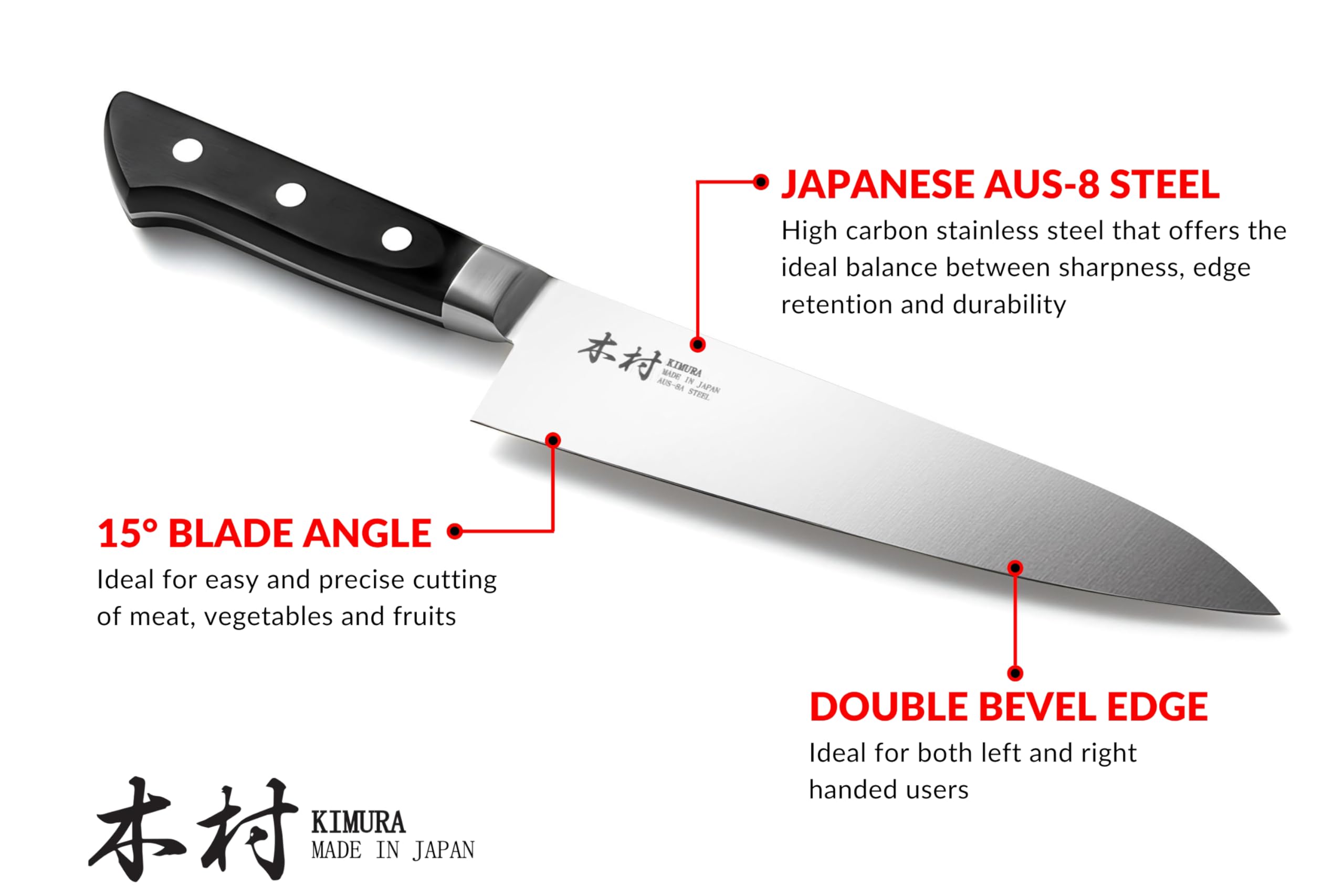 Kimura Chef Knife, [Made in Japan], 8 inch Professional Kitchen Knife, Sharp High Carbon Molybdenum Vanadium Stainless Steel Knives, Gyuto Knife with Ergonomic Pakkawood Handle - Japanese Chef's Knife