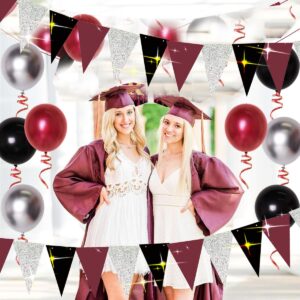 Graduation Decorations Maroon Black 2024/Burgundy Black Graduation Party Decorations/Burgundy Silver Black Triangle Banners 2pcs for Maroon Black Birthday Party Decorations Bridal Shower/Wedding