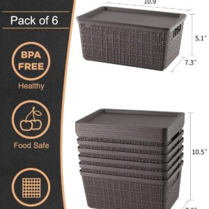 EOENVIVS Plastic Storage Baskets with Lids Kitchen Organizers and Storage Containers Organizer Bins Small Baskets for Shelves Drawers Desktop Closet Playroom Classroom Office, Brown, 6 Pack