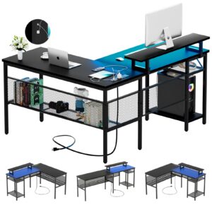 isunirm reversible l shaped computer desk with magic power outlet and smart led light, 55 inch large office corner desk with ergonomic monitor stand, gaming table with storage, grid design, black