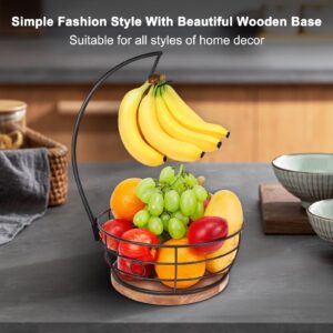 Livabber Countertop Fruit Basket Bowl with Banana Hanger, Modern Standing Fruit Vegetable Bowl Storage, with Banana Tree Holder for Kitchen Dinning Table (Round Wood, Black)