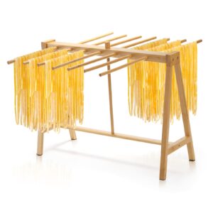 pumtus bamboo pasta drying rack, noodle dryer stand with transfer wand and 14 bars, stable household spaghetti hanger, lasagna noodle drying rack for kitchen and cooking