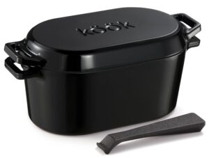 kook dutch oven, oven for sourdough bread baking, with lid, dual handles, enameled cast iron, includes lid lever, great for baking bread, cooking and roasting, dishwasher safe, 3.4 qt, black