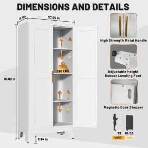 PAOFIN White Metal Kitchen Storage Cabinet, Kitchen Pantry Storage Cabinet with Doors and Shelves, Storage Cabinet with Adjustable Leveling Foot for Kitchen, Living Room and Dining Room. 61" H