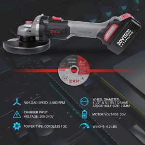 ZKH 20V Angle Grinder Cordless, 8500 RPM Brushless Motor, 4‑1/2 Inch Power Angle Grinder Tool w/2 x 4.0Ah Batteries & Fast Charger for Grinding, Cutting, Polishing, Ideal Angle Grinder Tool for Men