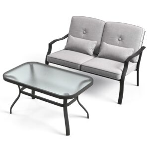 Tangkula 2 Piece Patio Furniture Set, Outdoor Loveseat Chair Set with Seat Back Cushions & Waist Pillows, Tempered Glass Coffee Table, Heavy-Duty Metal Sofa Set for Yard Garden Balcony Poolside (Gray)