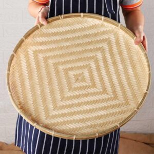 BESTonZON Handmade Bamboo Woven Basket Tray No Hole Bamboo Sieve Basket Wicker Basket for Vegetables Round Flat Shallow Basket Wall Art Ornament for Farmhouse Decor