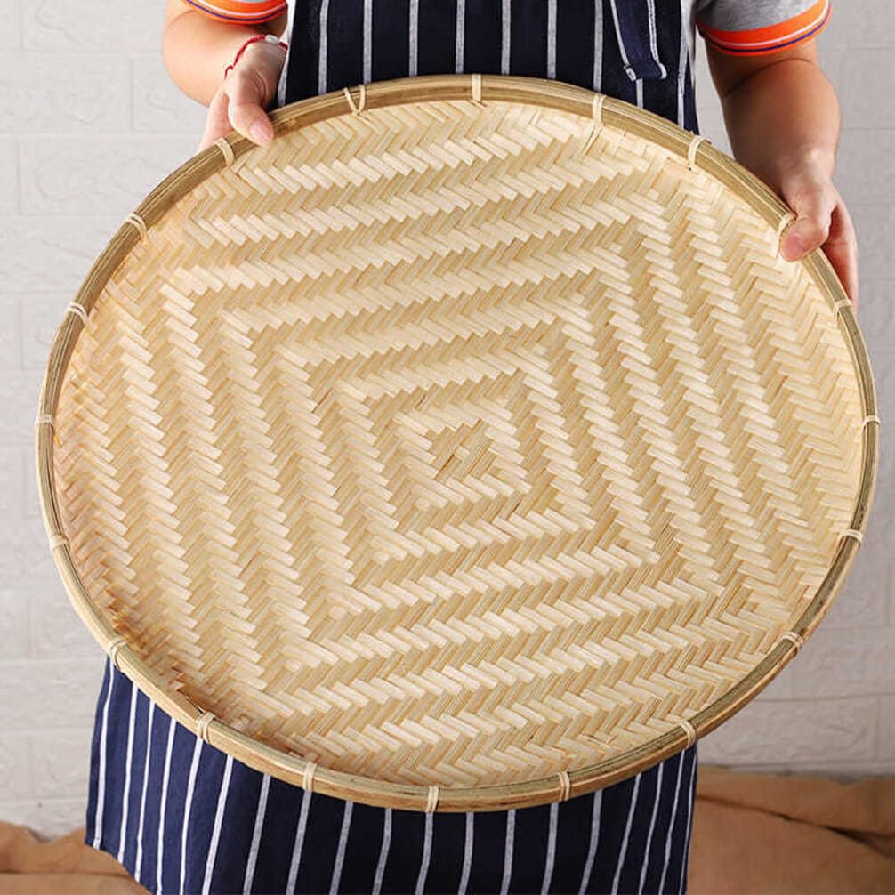 BESTonZON Handmade Bamboo Woven Basket Tray No Hole Bamboo Sieve Basket Wicker Basket for Vegetables Round Flat Shallow Basket Wall Art Ornament for Farmhouse Decor