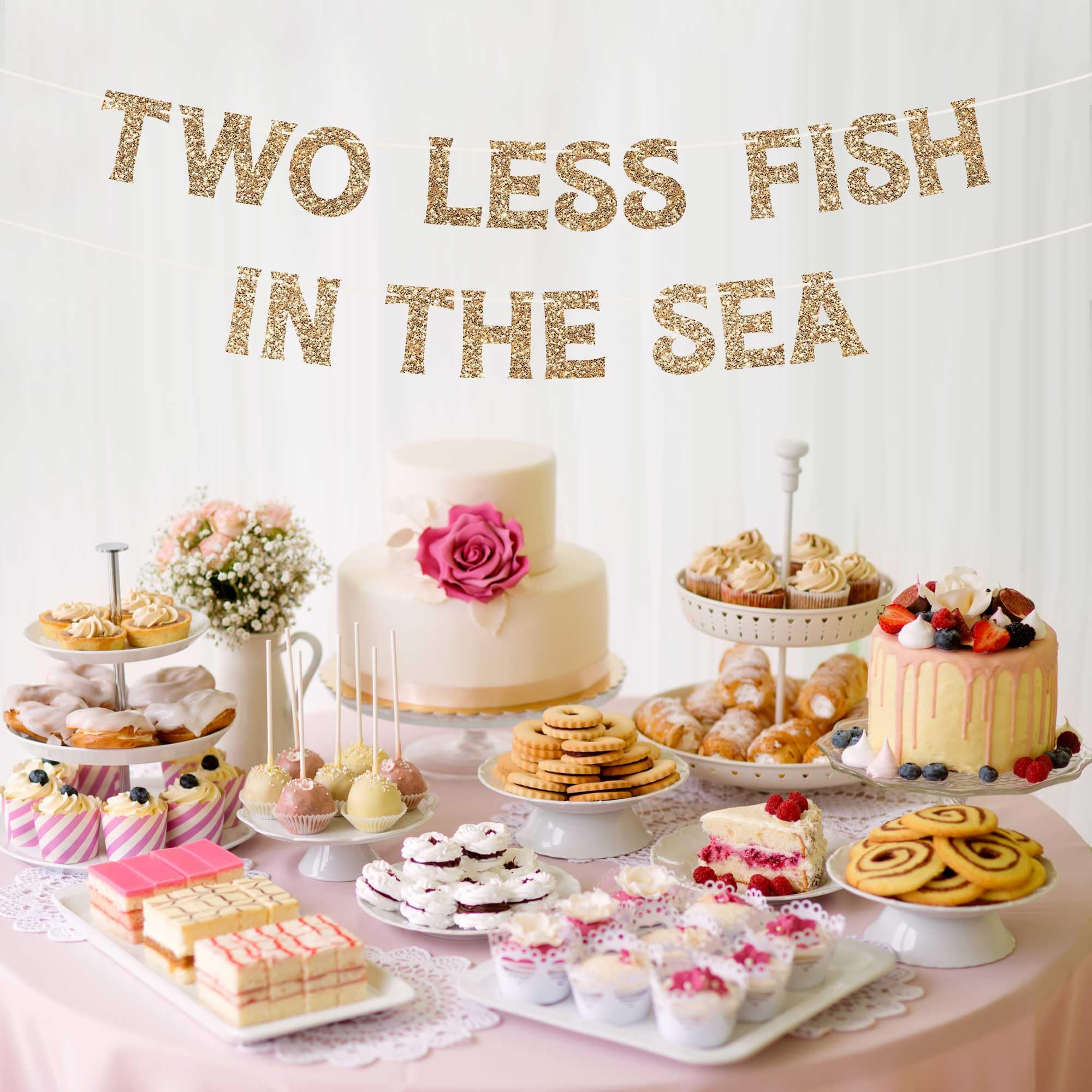 Pre-Strung Two Less Fish In The Sea Banner - NO DIY - Gold Glitter Bachelorette Bridal Party Banner - Pre-Strung on 8 ft Strand - Gold Engagement Bachelorette Party Decorations. Did we mention no DIY?