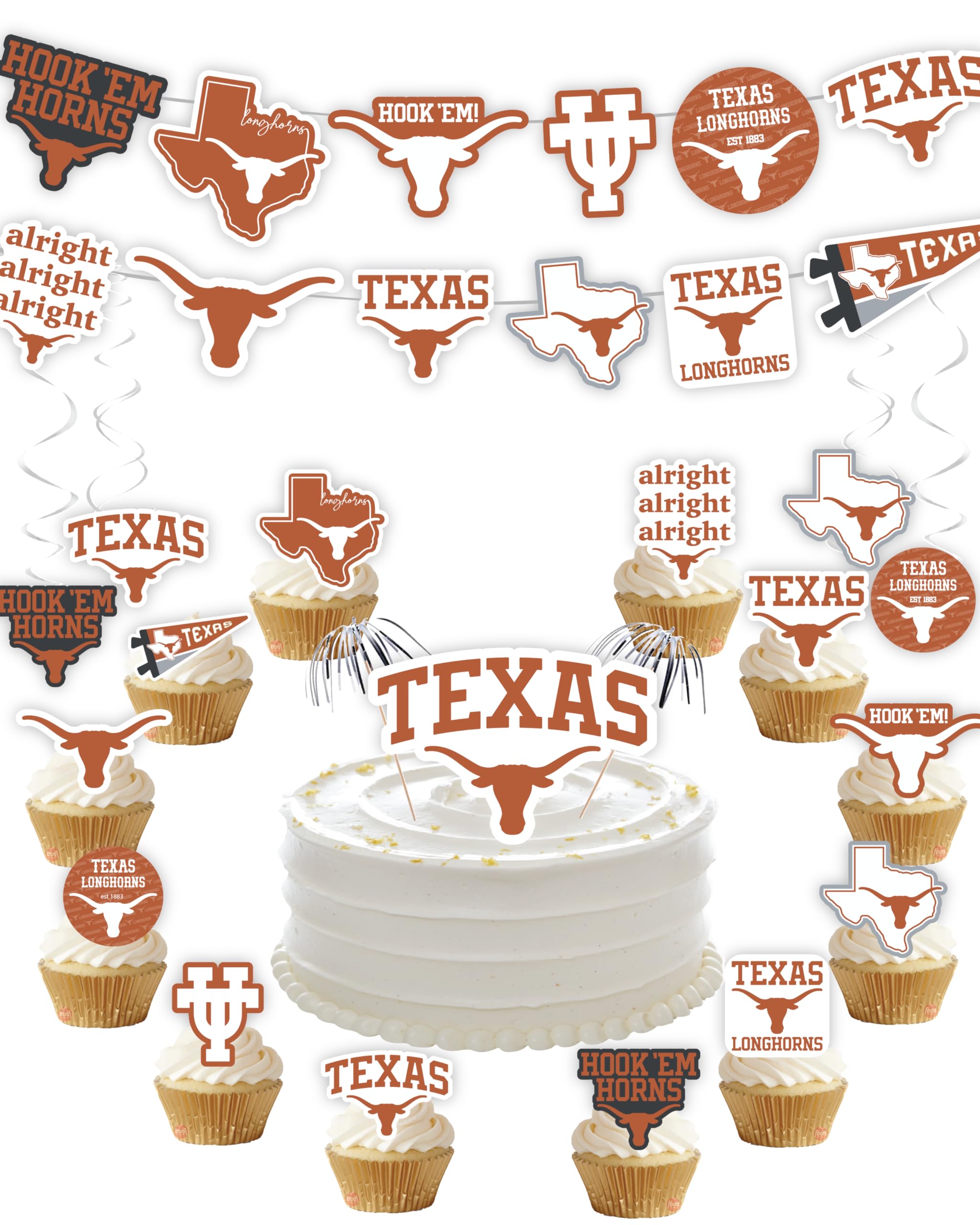 Texas Party Supplies (42 Pieces) for University of Texas Graduation, Tailgating and Birthday Party Decorations with Texas Longhorns Banner and UT Austin Cupcake Toppers Decorations (Texas Longhorns)