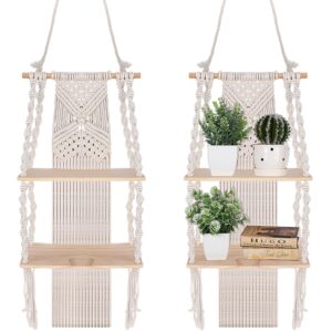 barydat 2 pack macrame wall hanging shelf 2 tier handmade boho hanging wall shelf floating woven rope hanging shelves decorative storage racks holder organizer for home bedroom bathroom plants, beige