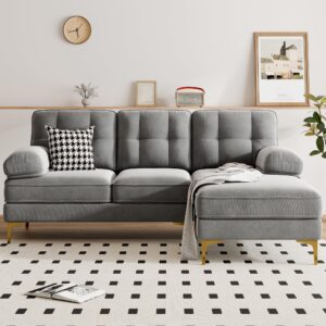 p purlove sectional sofa, velvet l-shape sofa with chaise lounge, modern l-shape couch for living room, small spaces (light grey)