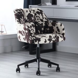 bestano cow print velvet desk chair office chair with mid back support armrest, adjustable-height 360° swivel chair with wheels rolling task chair home office modern vanity chair, cow print