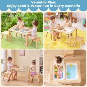 Sensory Table with 2 Chairs & 1 Roll Paper, Multifunction Wooden Sand and Water Table with Double-Side Board & 2 Foldable Storage Bins, Activity Game Table, Indoor Outdoor Use, for Kids