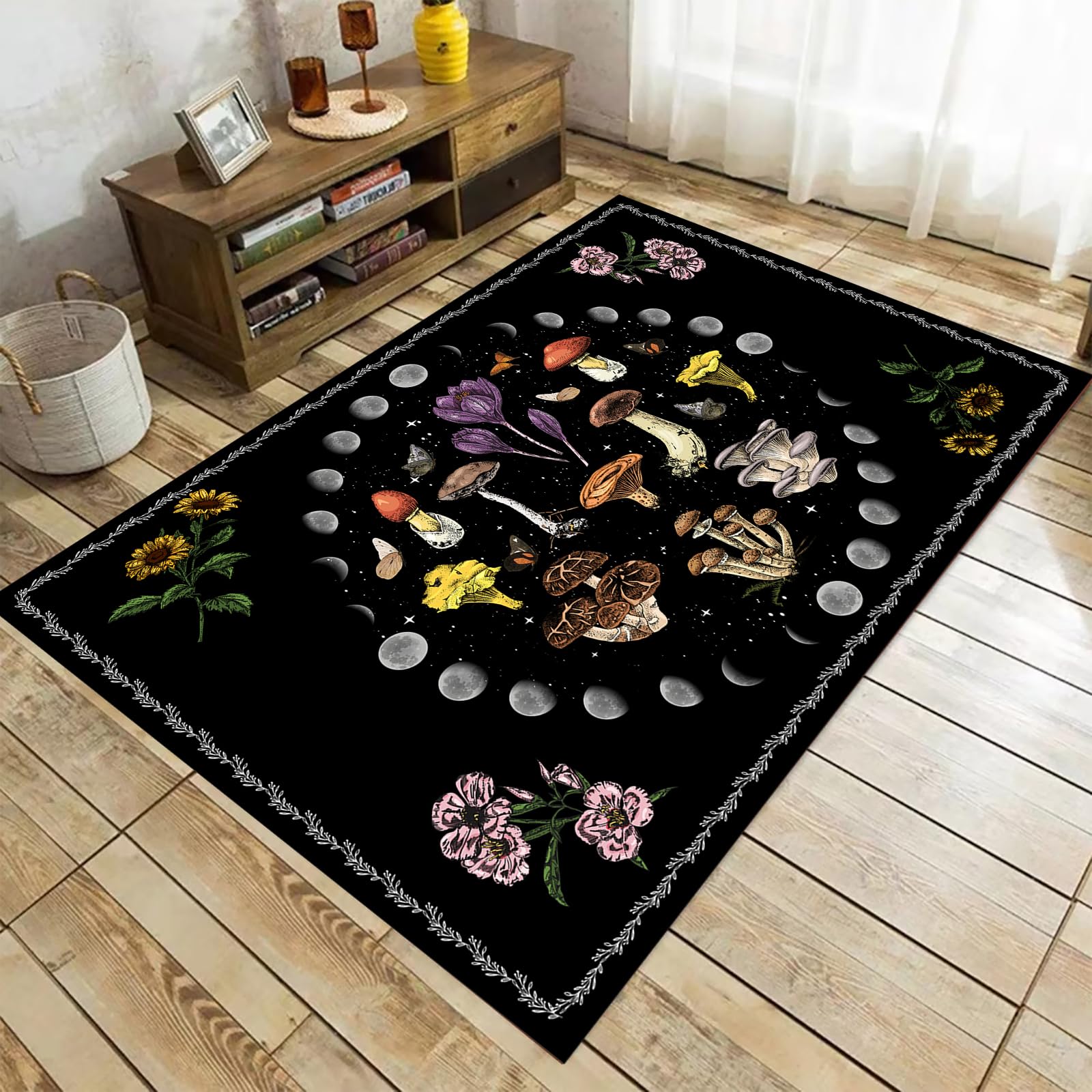 Osimiccp Mushroom Rug - Large 5x7 Moon Rug for Bedroom or Living Room, Modern Moon Phase Design - Decorate with This Bohemian Non-Slip Soft Carpet Area Rug