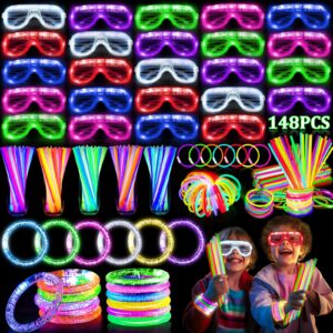 148 pcs new years eve glow in the dark party supplies light up toys with 24 led glasses, 24 flashing bracelets and 100 glow sticks bulk party favors for kid adult birthday wedding carnivals concert