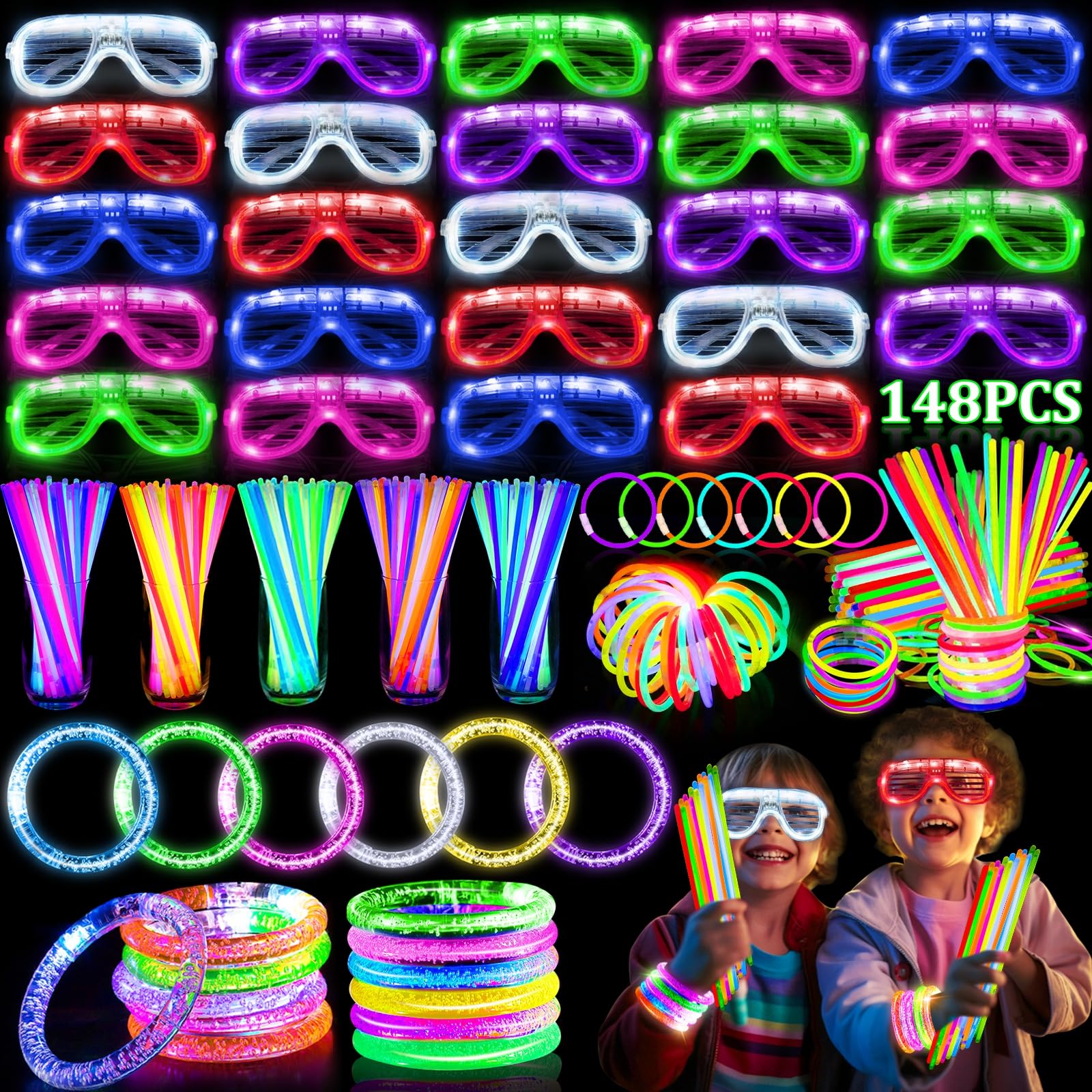 148 PCS New Years Eve Glow in the Dark Party Supplies Light Up Toys with 24 Led Glasses, 24 Flashing Bracelets and 100 Glow Sticks Bulk Party Favors for Kid Adult Birthday Wedding Carnivals Concert