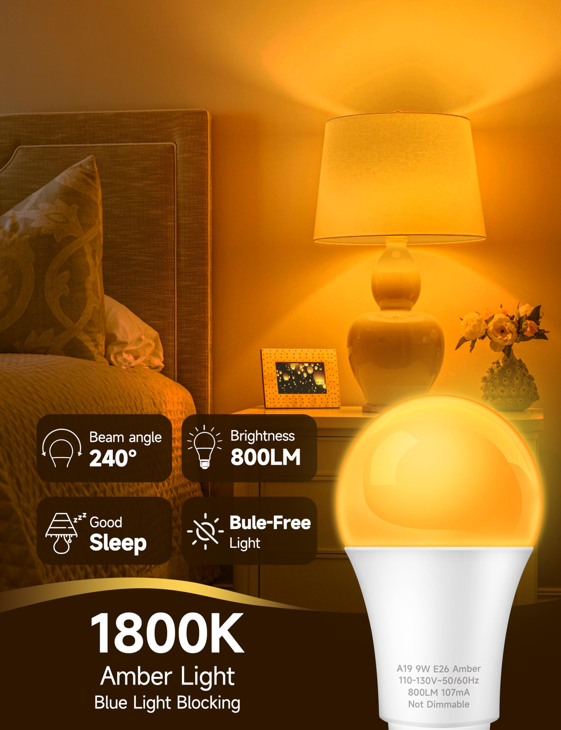 UNILAMP Sleep aid Light Bulb, 9W Amber Warm Light Bulbs 1800K, Blue Light Blocking Dim Light Bulbs 60W Equivalent, Mood Soothing Light, E26 for Bedroom and Baby Nursery Light, 2 Pack