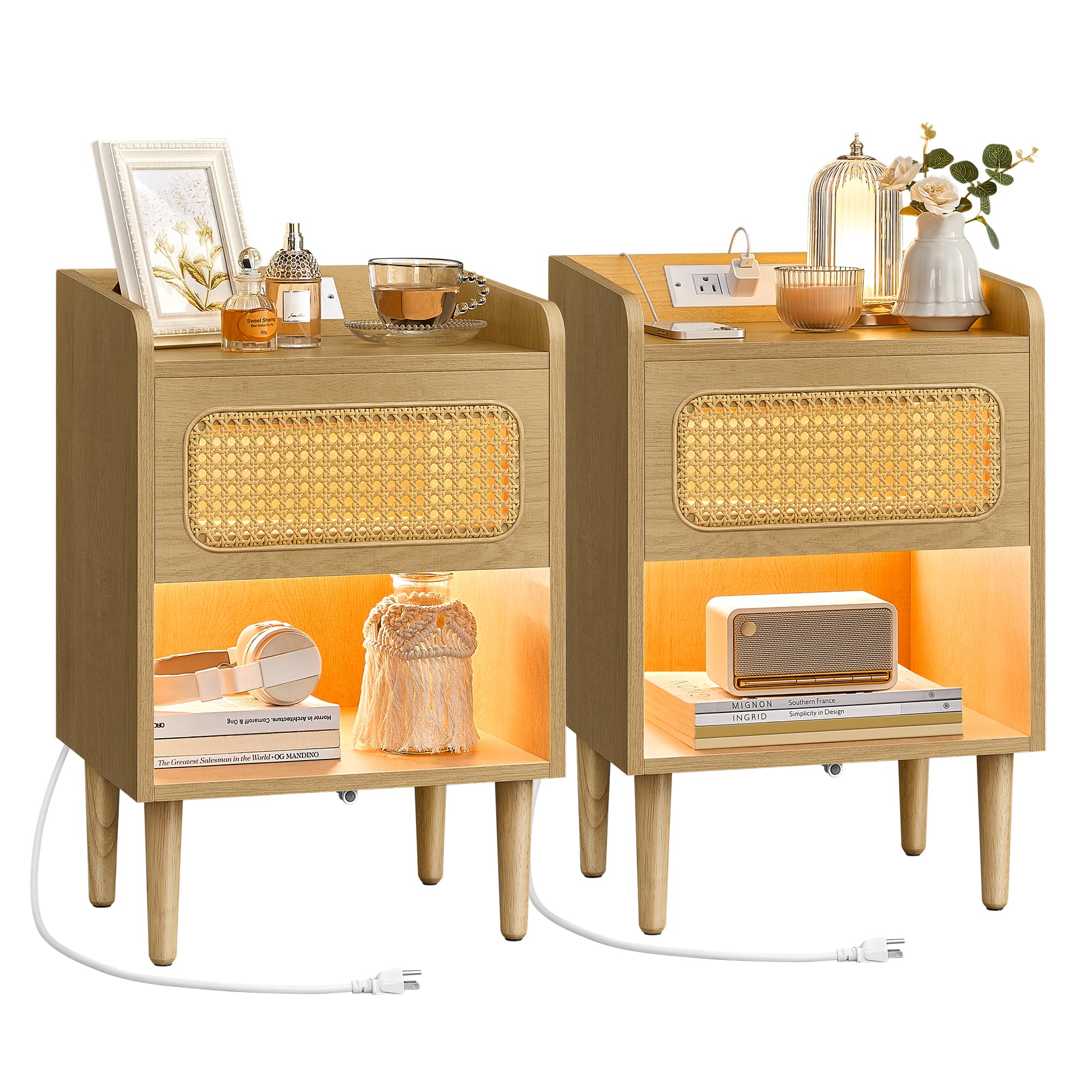 VASAGLE BOHOVEN Collection - Nightstands with Charging Station, Set of 2, Bedside Tables with Motion Sensor Lights, Rattan-Like Side End Tables, Solid Wood Legs, for Bedroom, Boho Style, Oak Beige