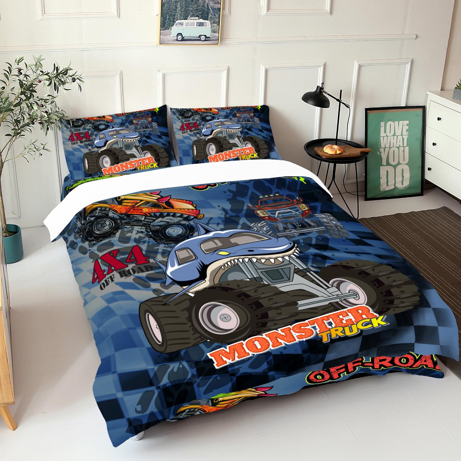 AILONEN Truck Duvet Cover Twin Size, 3D Monster Truck on Blue Background Theme Bedding Set for Kids Boys,Off-Road Comforter Cover Soft Microfiber,3 Pieces,1 Quilt Cover and 2 Pillowcases