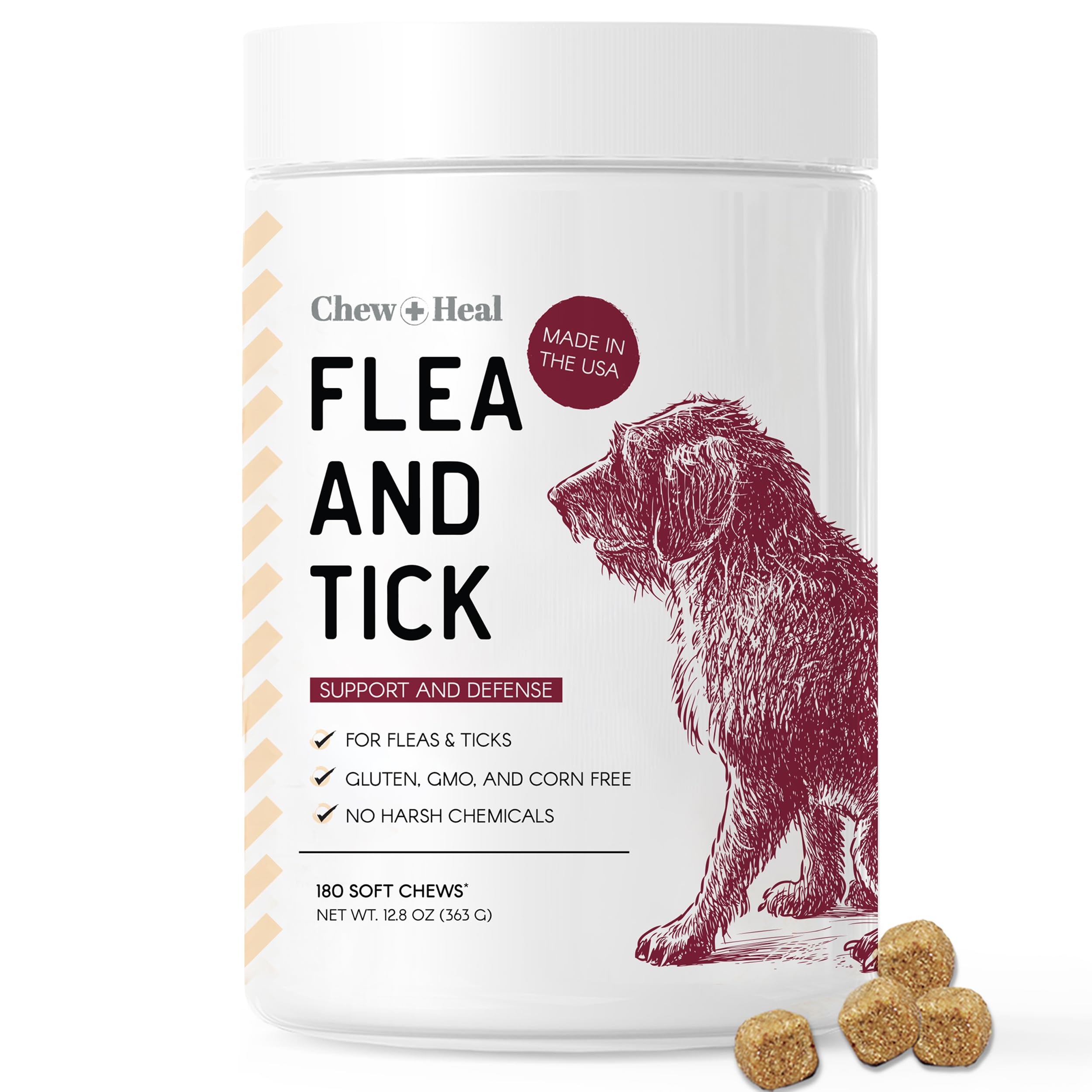 Chewable Flea and Tick Prevention for Dogs - 180 Delicious Soft Chews - Made in USA - Natural Defense for Small and Large Dogs - No Gluten, No GMO, No Corn