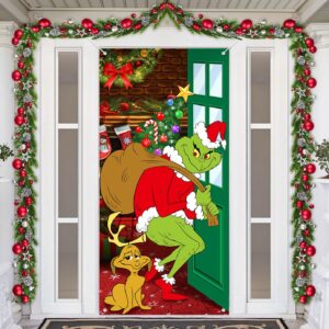 christmas door cover decorations, green funny cartoon door cover with dog green fabric backdrop banner for indoor porch front door winter home xmas party supplies