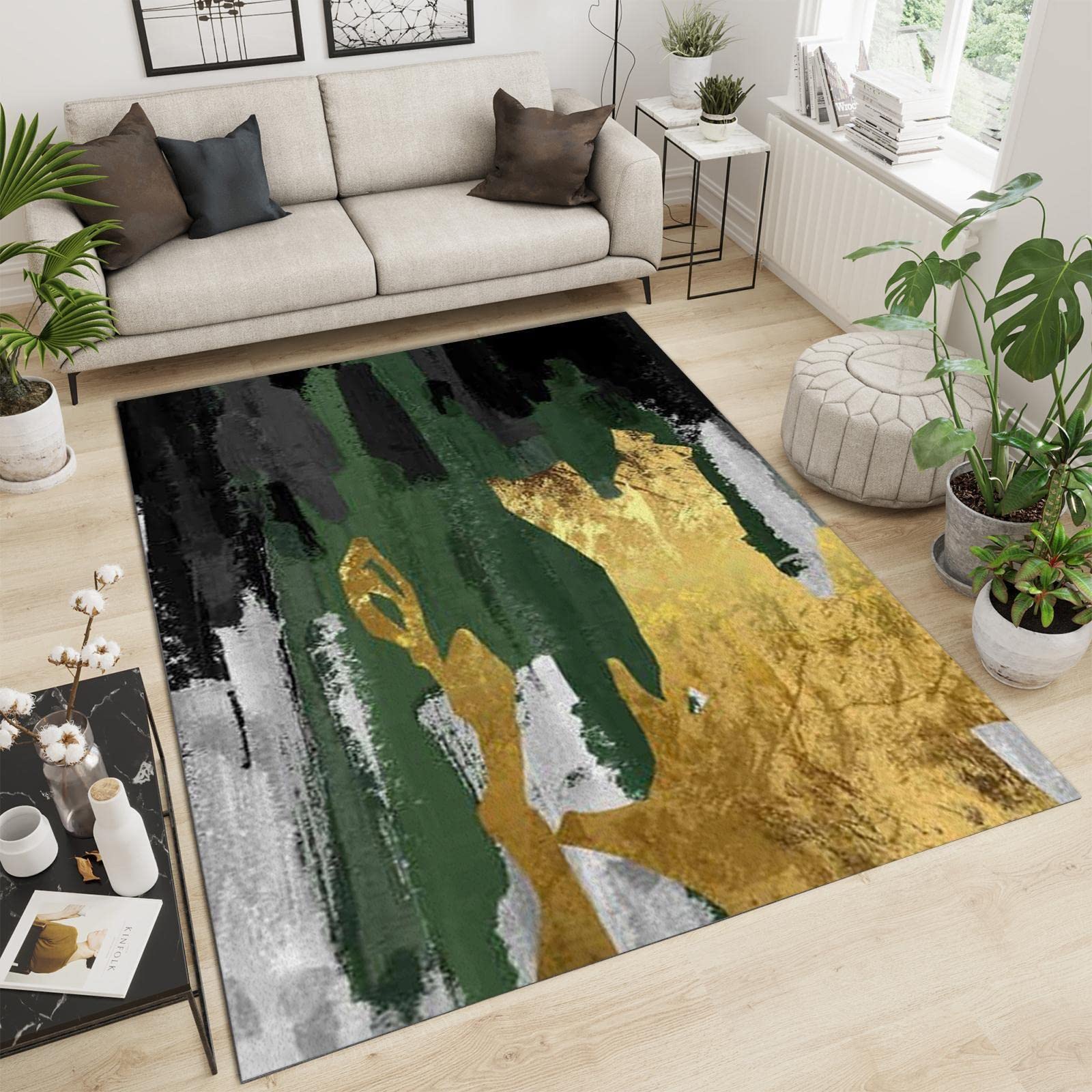 Modern Fashion Home Decor Area Rug, Light Luxury Emerald Green Black Gold Gray Living Room Rug, Soft Anti-Slip Easy Clean Durable Foldable Carpet for Floor Bedroom Entryway Kitchen 5x7ft