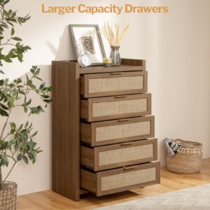 SICOTAS Dresser for Bedroom Chest of Drawers Tall Dresser with 5 Rattan Drawers Wood Dresser for Closet Boho Clothes Storage Tower Large Nightstand Sets for Living Room Hallway Nursery Entryway