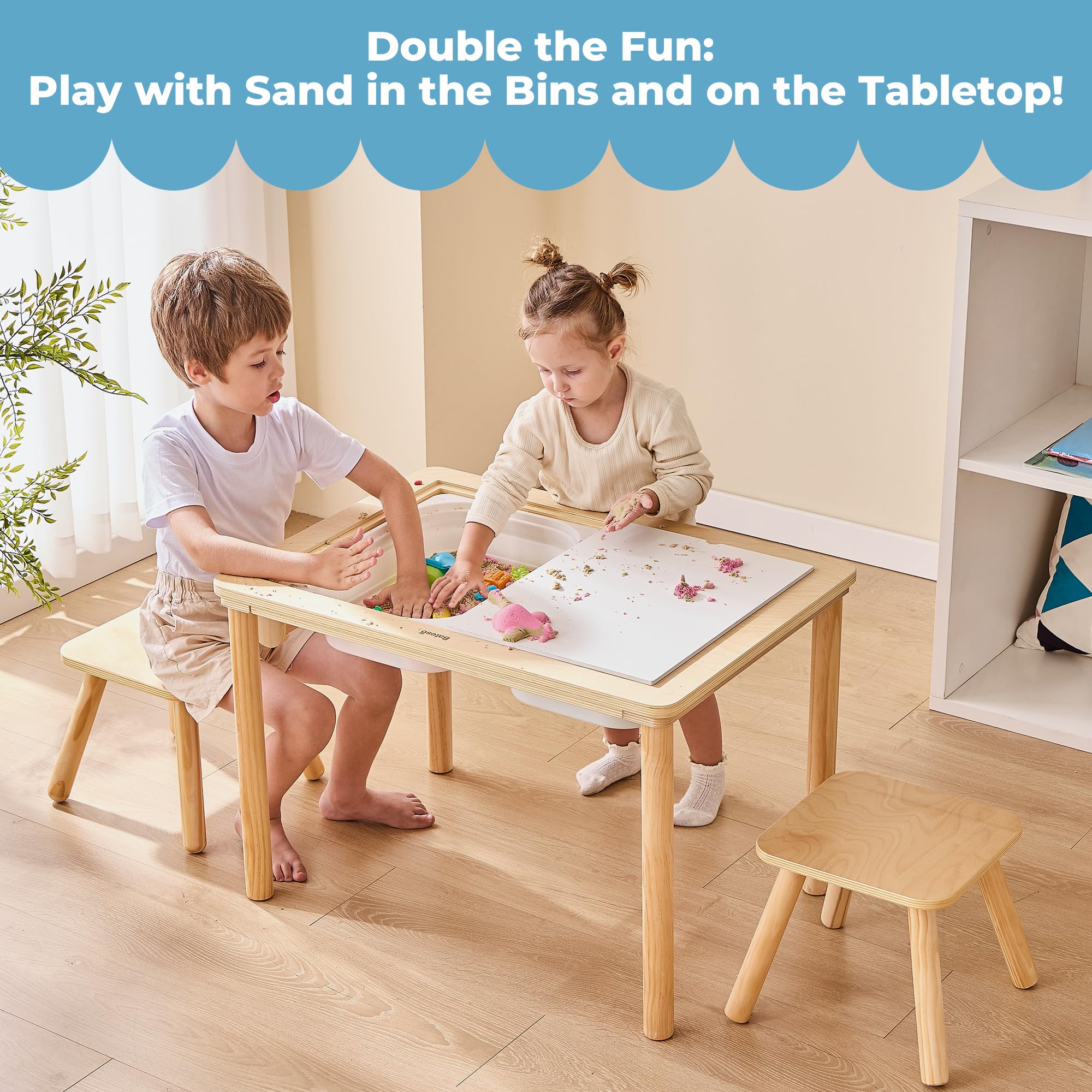 Sensory Table with 2 Chairs & 1 Roll Paper, Multifunction Wooden Sand and Water Table with Double-Side Board & 2 Foldable Storage Bins, Activity Game Table, Indoor Outdoor Use, for Kids