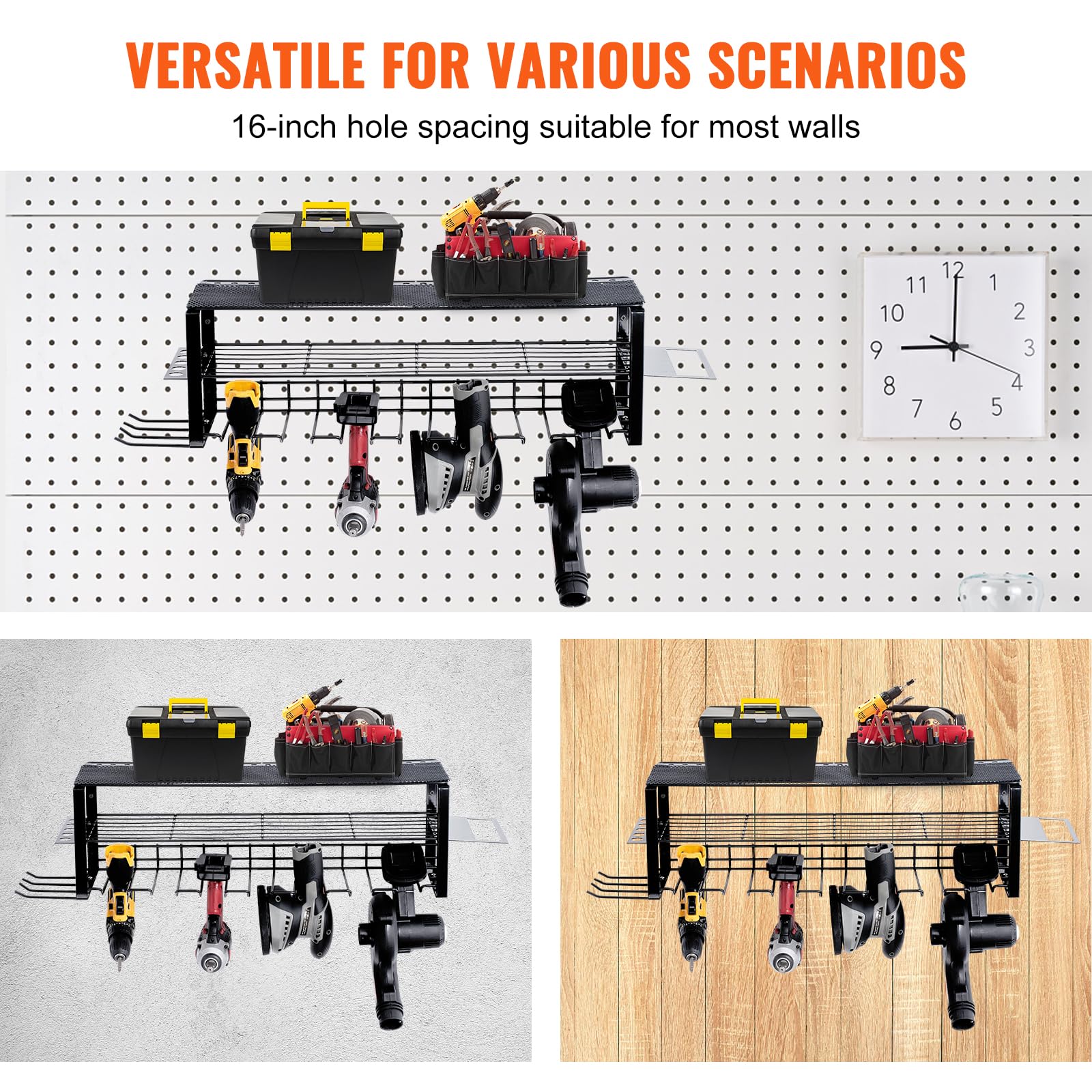 VEVOR Power Tool Organizer, 7 Slot, 3 Layers, Cordless Drill Holder Wall Mount, Battery Charging Station Storage Rack, Multi-Function Garage Organization, Heavy Duty Metal Shelf for Screwdriver Pliers