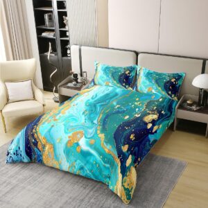 100% Organic Cotton Blue Marble Bedding Set Gold Glitter Fluid Art Duvet Cover Set Abstract Exotic Trippy Comforter Cover for Boys Girls Iridescent Marble Home Decor,Queen Size