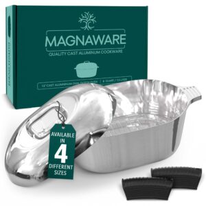 magnaware cast aluminum dutch oven with lid - 8 quart oval lightweight pot for cajun cookware, bread baking & more - roaster pan with silicone covers & rack for even heat distribution (13 inch)