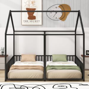 harper & bright designs metal twin house bed for kids, double twin beds frame, monressori floor bed twin size with rails for girls or boys, black