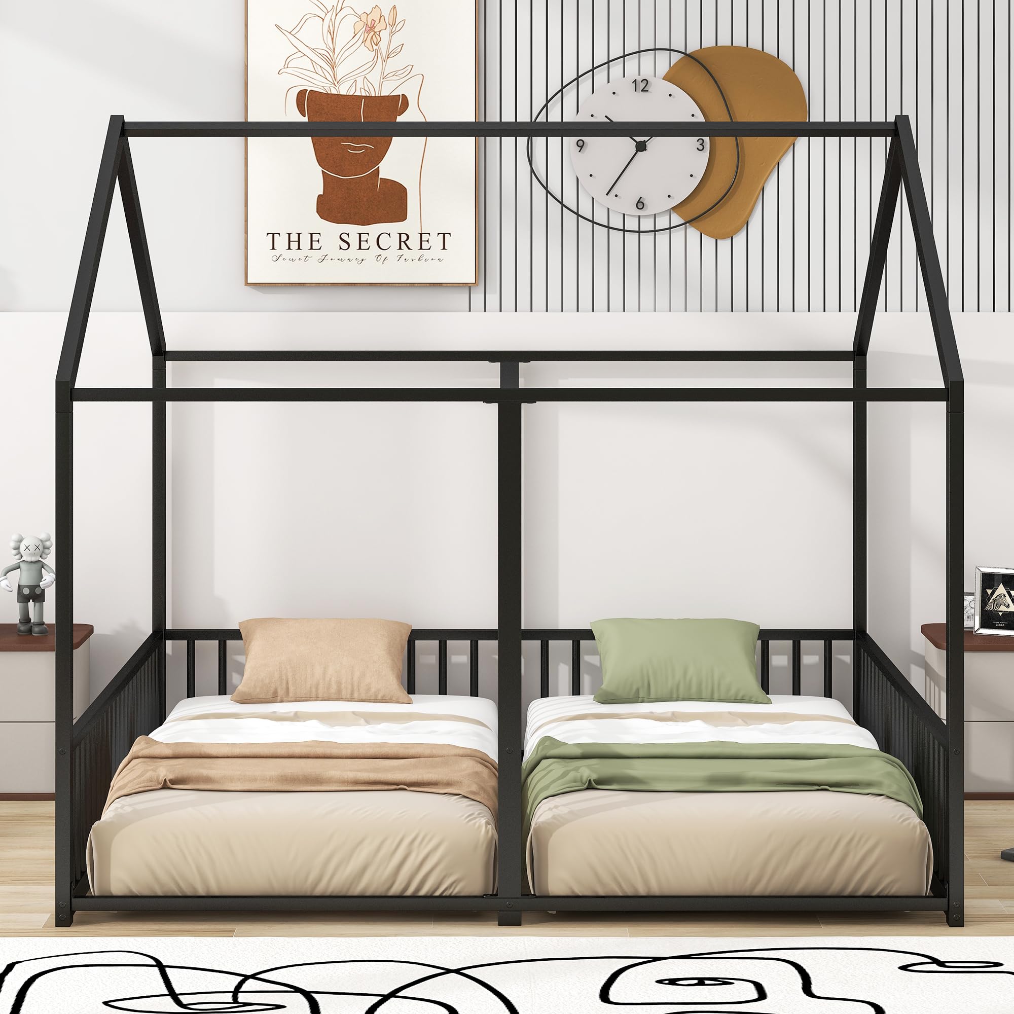 Harper & Bright Designs Metal Twin House Bed for Kids, Double Twin Beds Frame, Monressori Floor Bed Twin Size with Rails for Girls or Boys, Black