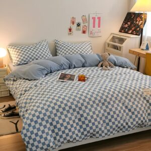 hng kiang hu 4 pieces duvet cover sets twin size,100% natural cotton pink bedding checkered duvet cover set, ultra soft and easy care breathable cozy bedding set collections (blue, full)