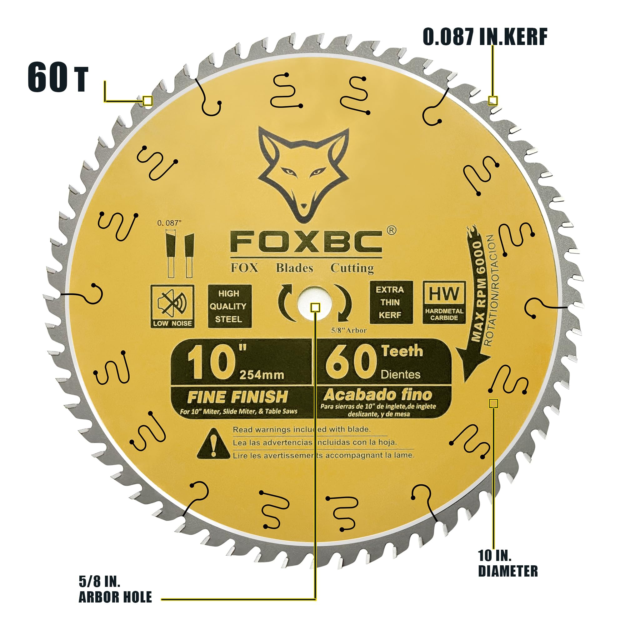 FOXBC 10 Inch Thin Kerf Fine Finish Crosscut Table Saw Blade, 60-Tooth ATB, with 5/8-Inch Arbor