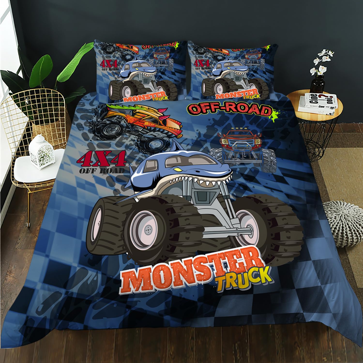 AILONEN Truck Duvet Cover Twin Size, 3D Monster Truck on Blue Background Theme Bedding Set for Kids Boys,Off-Road Comforter Cover Soft Microfiber,3 Pieces,1 Quilt Cover and 2 Pillowcases