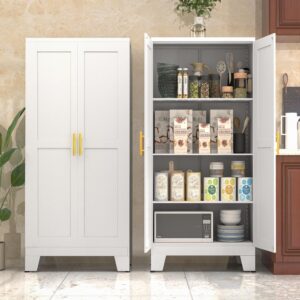 paofin white metal kitchen storage cabinet, kitchen pantry storage cabinet with doors and shelves, storage cabinet with adjustable leveling foot for kitchen, living room and dining room. 61" h