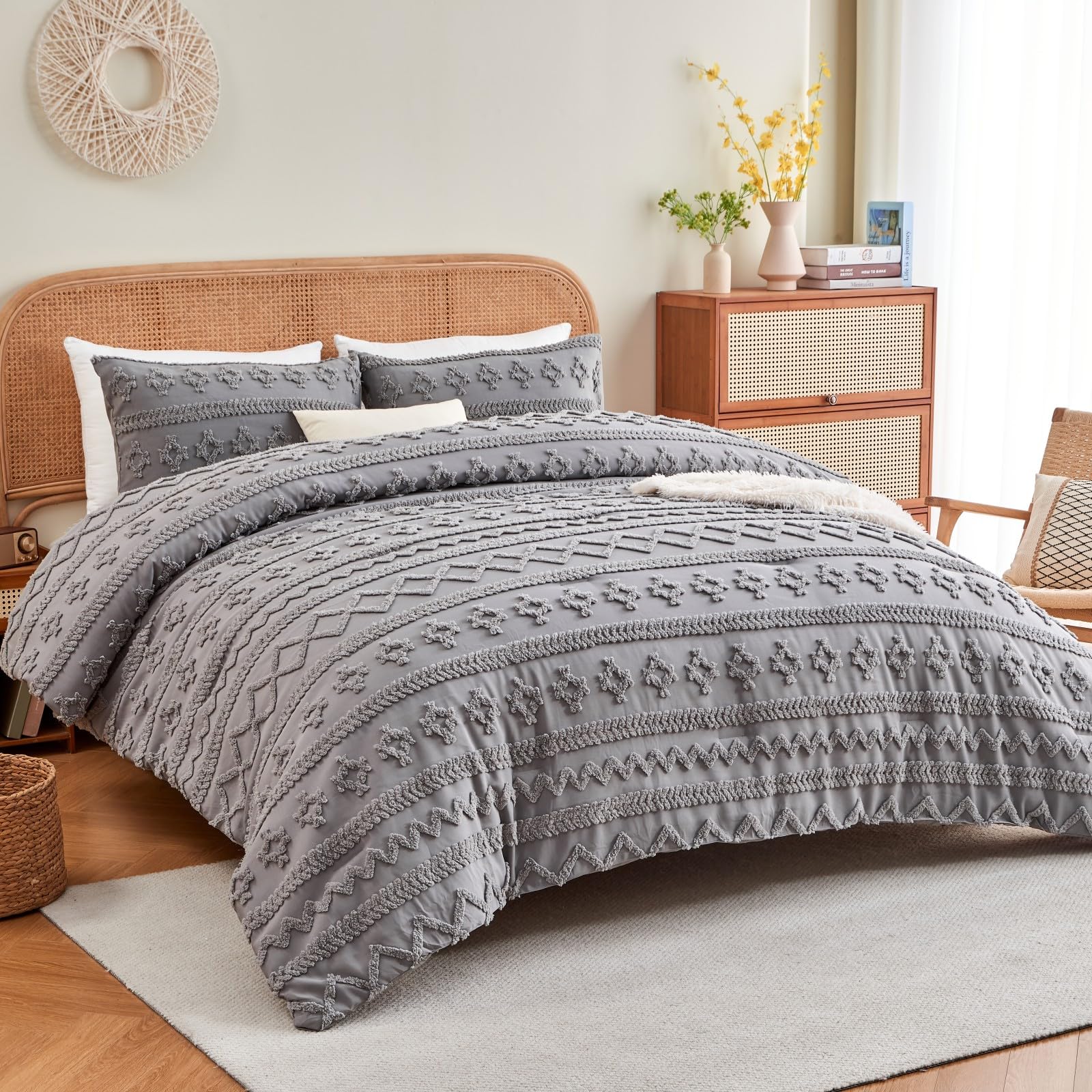 ENJOHOS Boho Twin XL Comforter Set for College Girls - Twin Size Tufted Comforter, 3 Pieces Grey Comforter Bedding for All Season, Lightweight Soft Microfiber Comforter with 2 Pillowcases