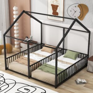 Harper & Bright Designs Metal Twin House Bed for Kids, Double Twin Beds Frame, Monressori Floor Bed Twin Size with Rails for Girls or Boys, Black