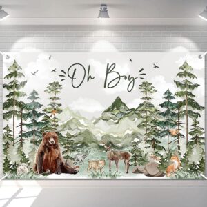 avezano oh boy backdrop forest adventure baby shower photography background mountain wilderness woodland baby shower decorations watercolor greenery forest party photoshoot banner 70.8 x 43.3 inch