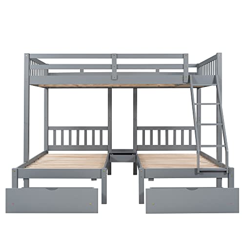 BOVZA Full Over Twin & Twin Bunk Bed, Wood Triple Bunk Bed with Drawers and Guardrails for 3 Kids Girls Boys Teens, Gray