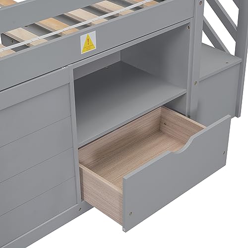 Lakifun Twin Size Low loft Bed,Loft Bed with Storage,Modern Farmhouse Twin loft Bed for Kids,Wood Twin Low Loft Bed with Game House and Drawers, Bookshelf Staircase,Gray