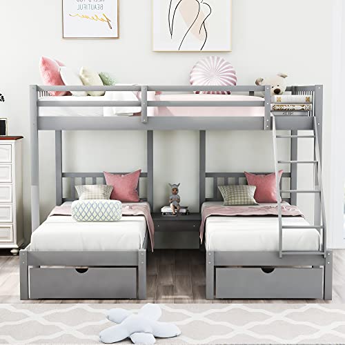 BOVZA Full Over Twin & Twin Bunk Bed, Wood Triple Bunk Bed with Drawers and Guardrails for 3 Kids Girls Boys Teens, Gray