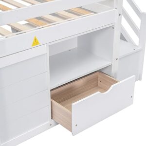 Lakifun Twin Size Low loft Bed,Loft Bed with Storage,Modern Farmhouse Twin loft Bed for Kids,Wood Twin Low Loft Bed with Game House and Drawers, Bookshelf Staircase,White