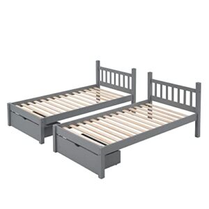 BOVZA Full Over Twin & Twin Bunk Bed, Wood Triple Bunk Bed with Drawers and Guardrails for 3 Kids Girls Boys Teens, Gray