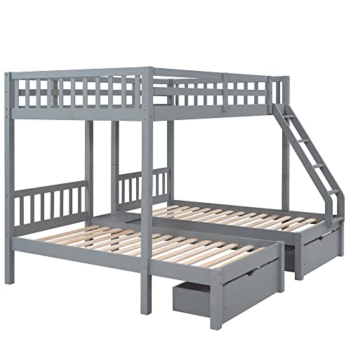 BOVZA Full Over Twin & Twin Bunk Bed, Wood Triple Bunk Bed with Drawers and Guardrails for 3 Kids Girls Boys Teens, Gray