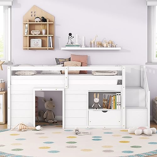 Lakifun Twin Size Low loft Bed,Loft Bed with Storage,Modern Farmhouse Twin loft Bed for Kids,Wood Twin Low Loft Bed with Game House and Drawers, Bookshelf Staircase,White