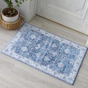 ololohome 2x3 vintage small entryway rugs doormat washable faux wool non-slip low-pile floor carpet for indoor front entrance kitchen bathroom (blue)